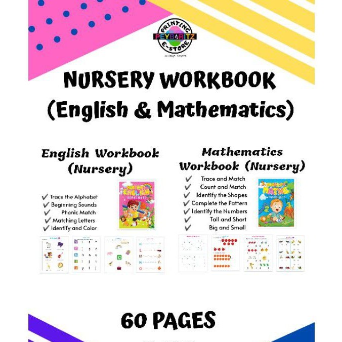 60 PAGES NURSERY / PRESCHOOL WORKBOOK (English and Mathematics ...