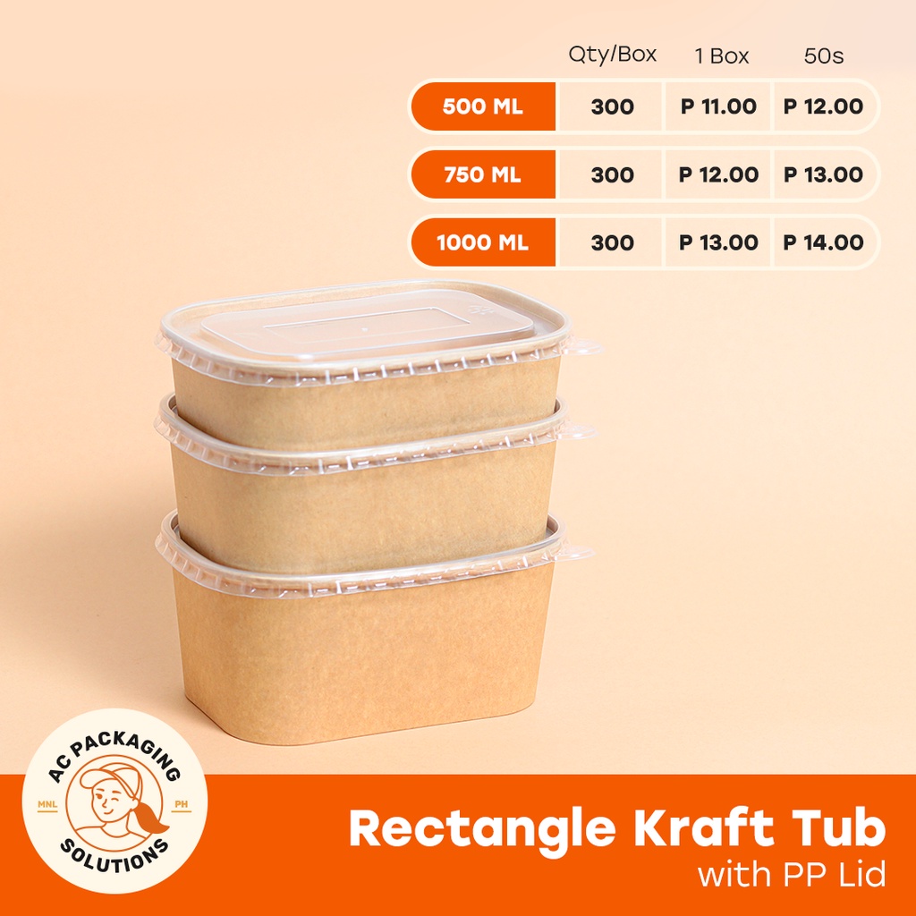 (50 pcs) Rectangle Kraft Tub 500 ml, 750 ml, 1000 ml with Clear Lid | Shopee Philippines