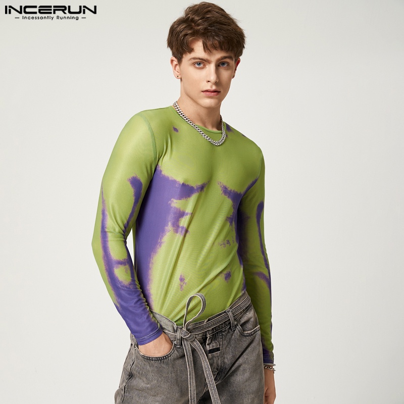 INCERUN Mens Long Sleeve Abstract Printed Crew Neck Mesh Floral Casual ...