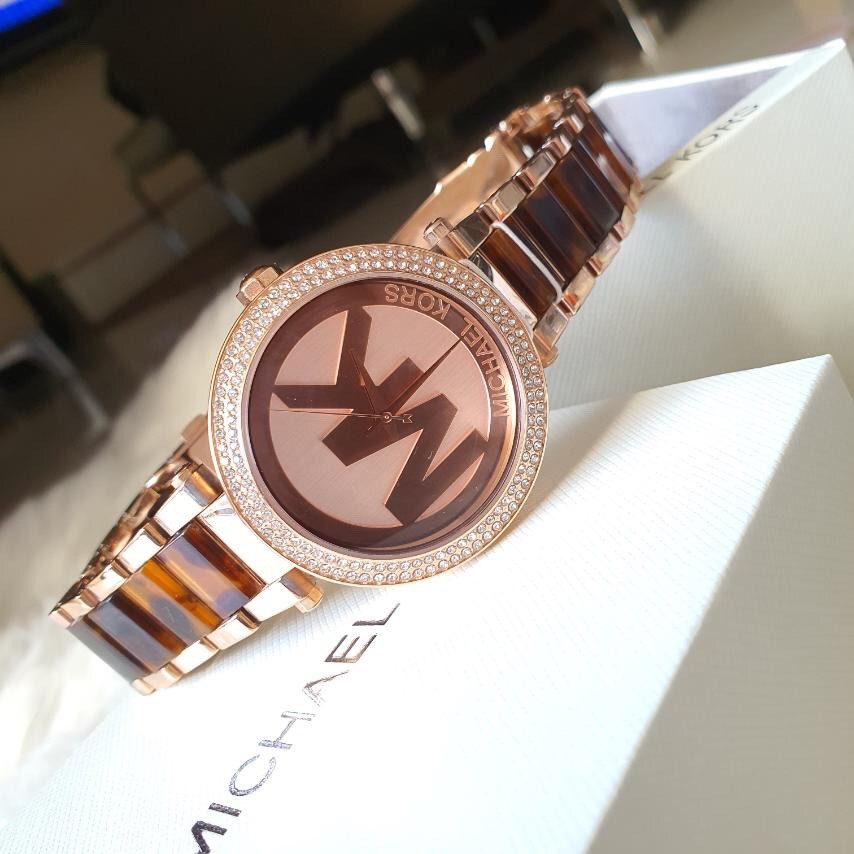 Michael Kors Ladies Watch - MK6190 Parker Glitz MK Logo in Pink Dial ...