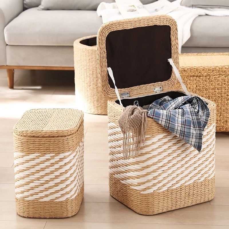 Rattan New Straw Shoe Changing Stool Storage Stool Can Sit with Lid ...
