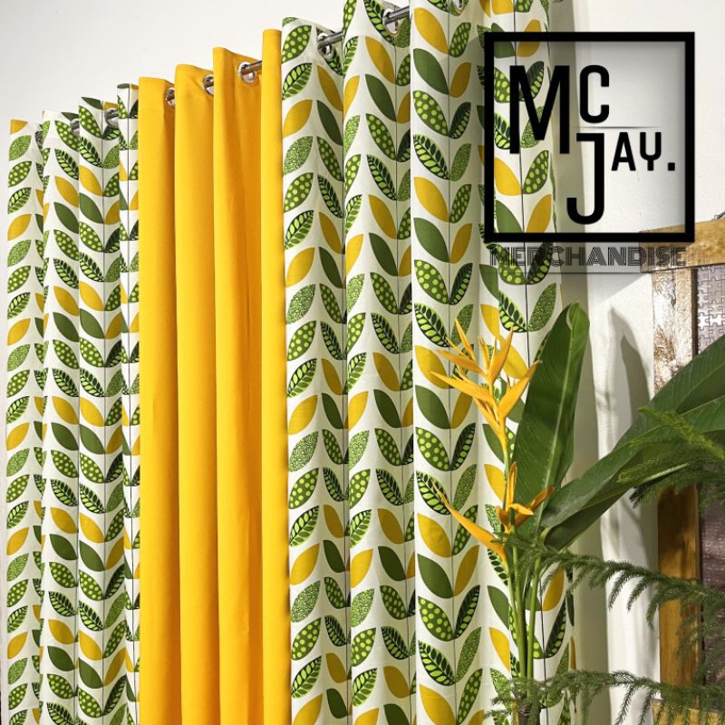 MCJAY - 3in1 Yellow Green Leaf Print Ring Curtain Set (6ft/6.6ft/7ft ...