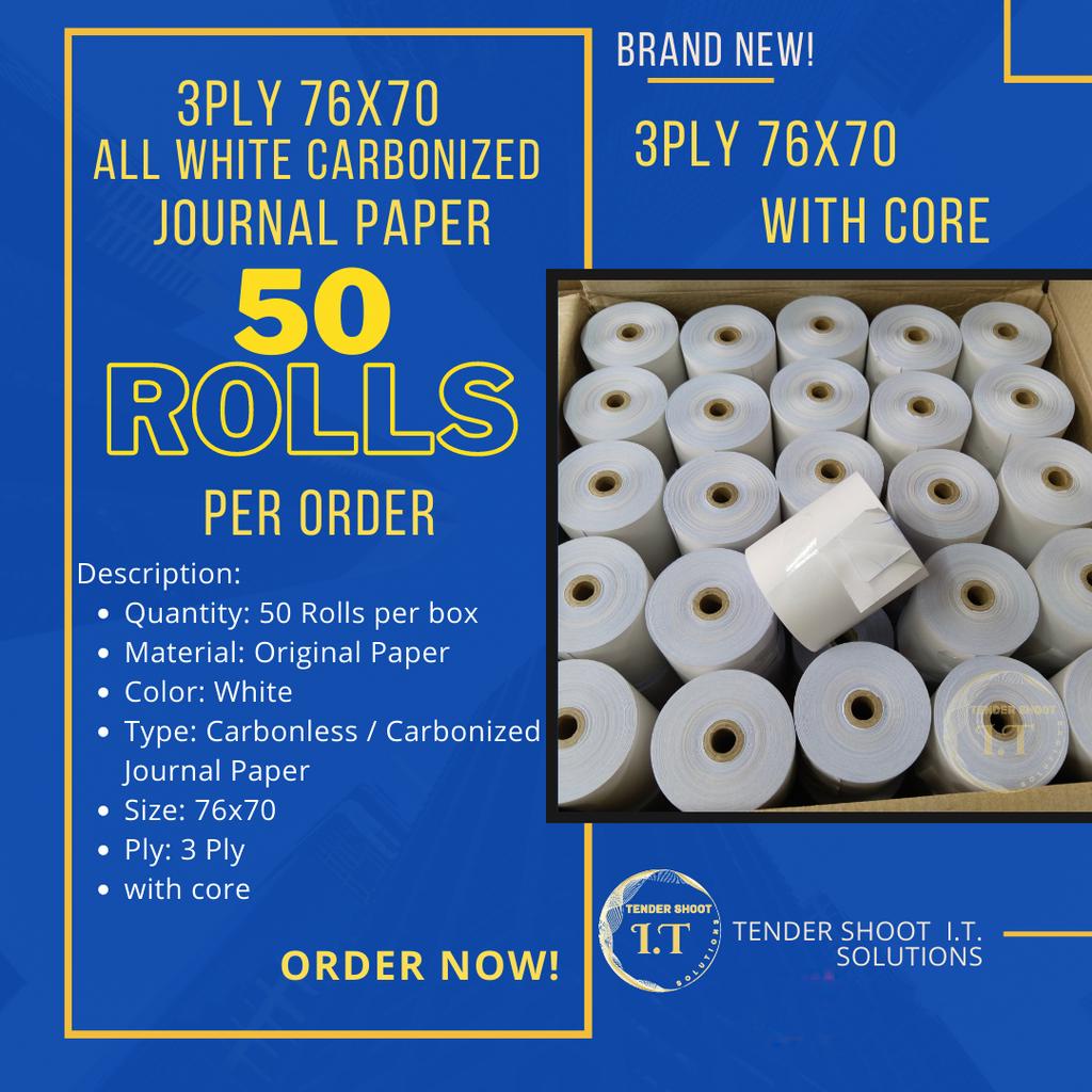 50 ROLLS 76x70 76 x 70 3Ply 3 Ply ALL WHITE CARBONIZED / CARBONLESS ...