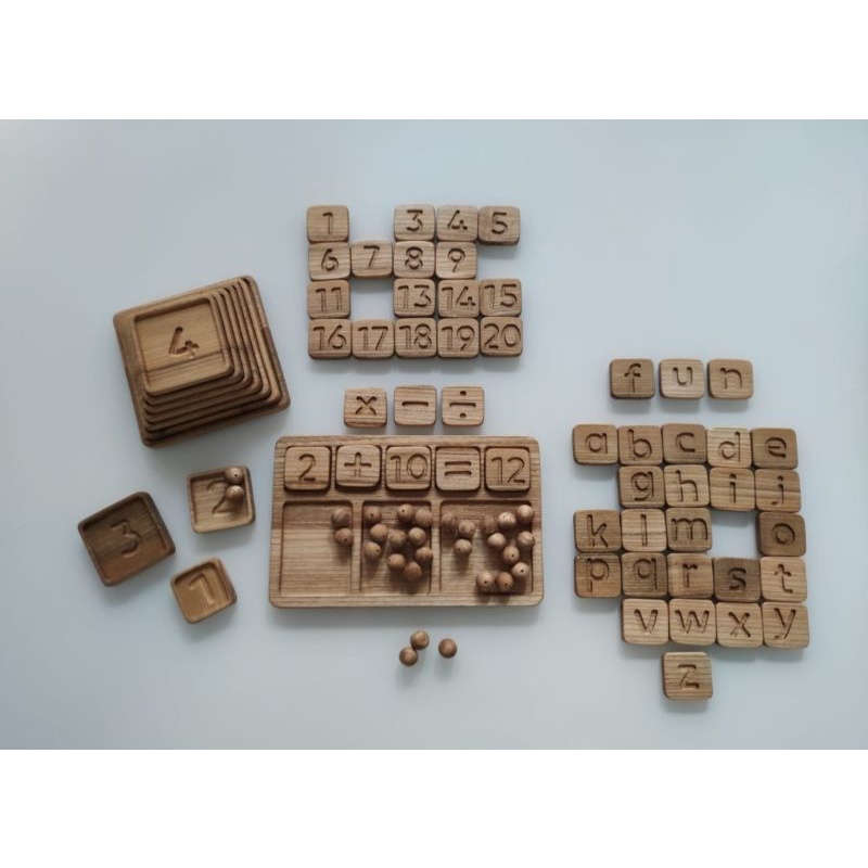 Wooden Math Tray + Wooden Math Pyramid include number block, alphabet ...