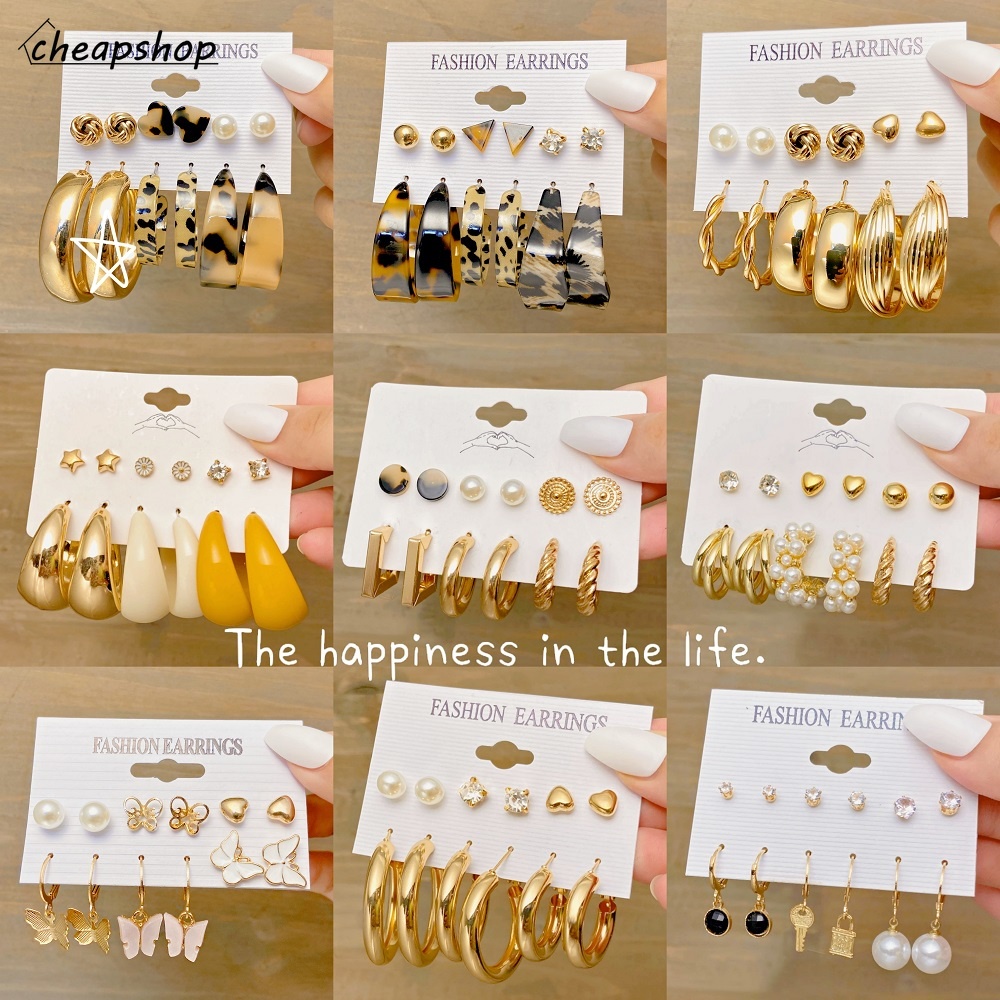 IFYOU 6Pair Fashion Pearl Gold Earring Set Butterfly Pendant Retro Stud ...