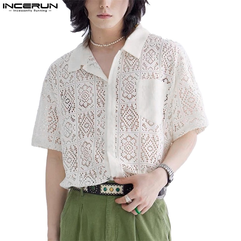INCERUN Mens Short Sleeve Lace Floral Printed Mesh Casual Button Down ...