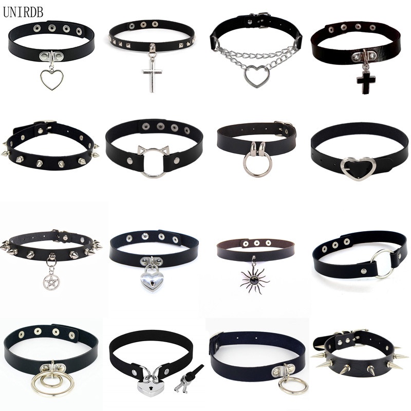 Woman Black Punk Choker Collar Necklace Pu Leather Goth Rivets Choker ...