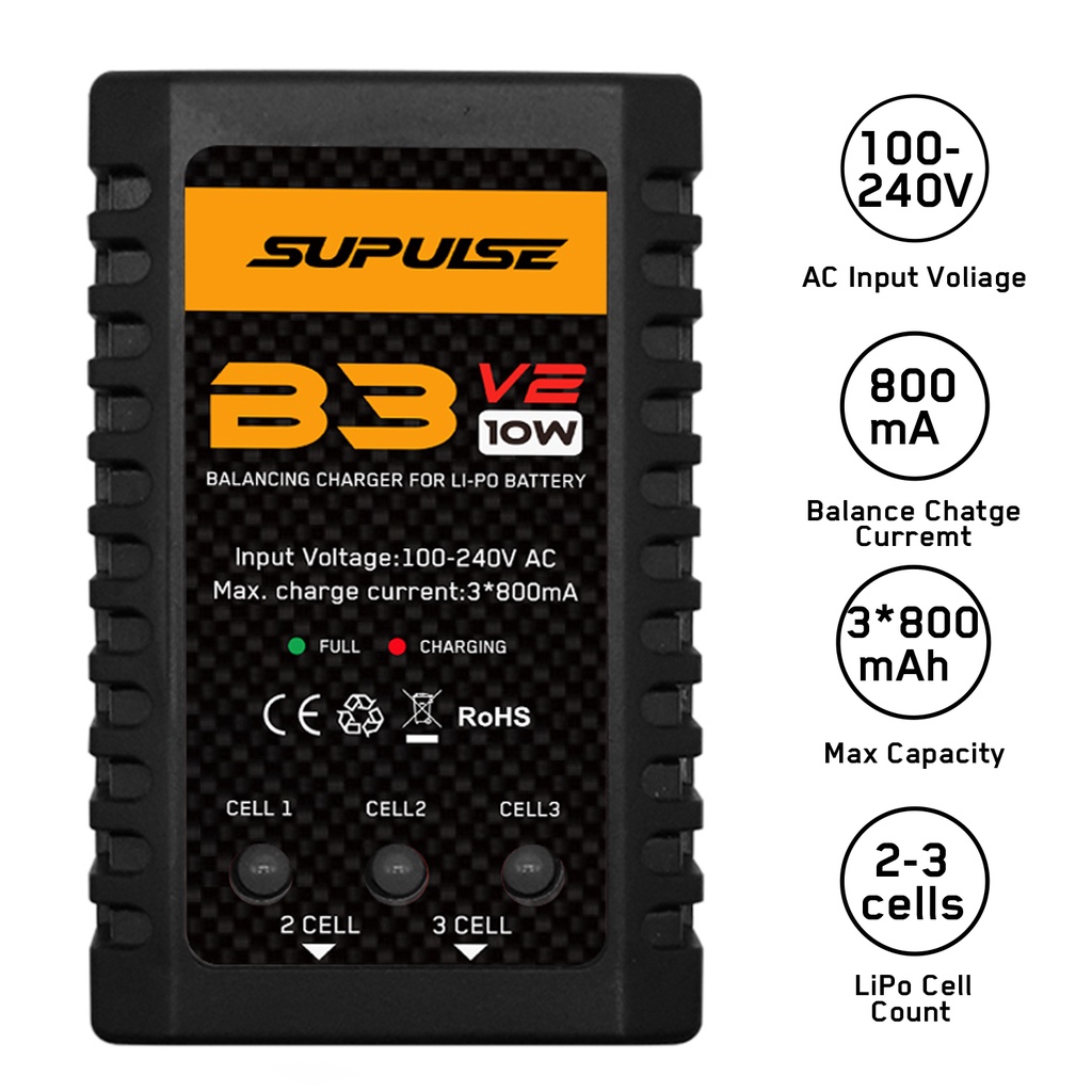 SUPULSE LiPo Battery Charger RC Balance Charger AC 7.4-11.1V 2S-3S 10W Upgrade Version B3AC Pro ...