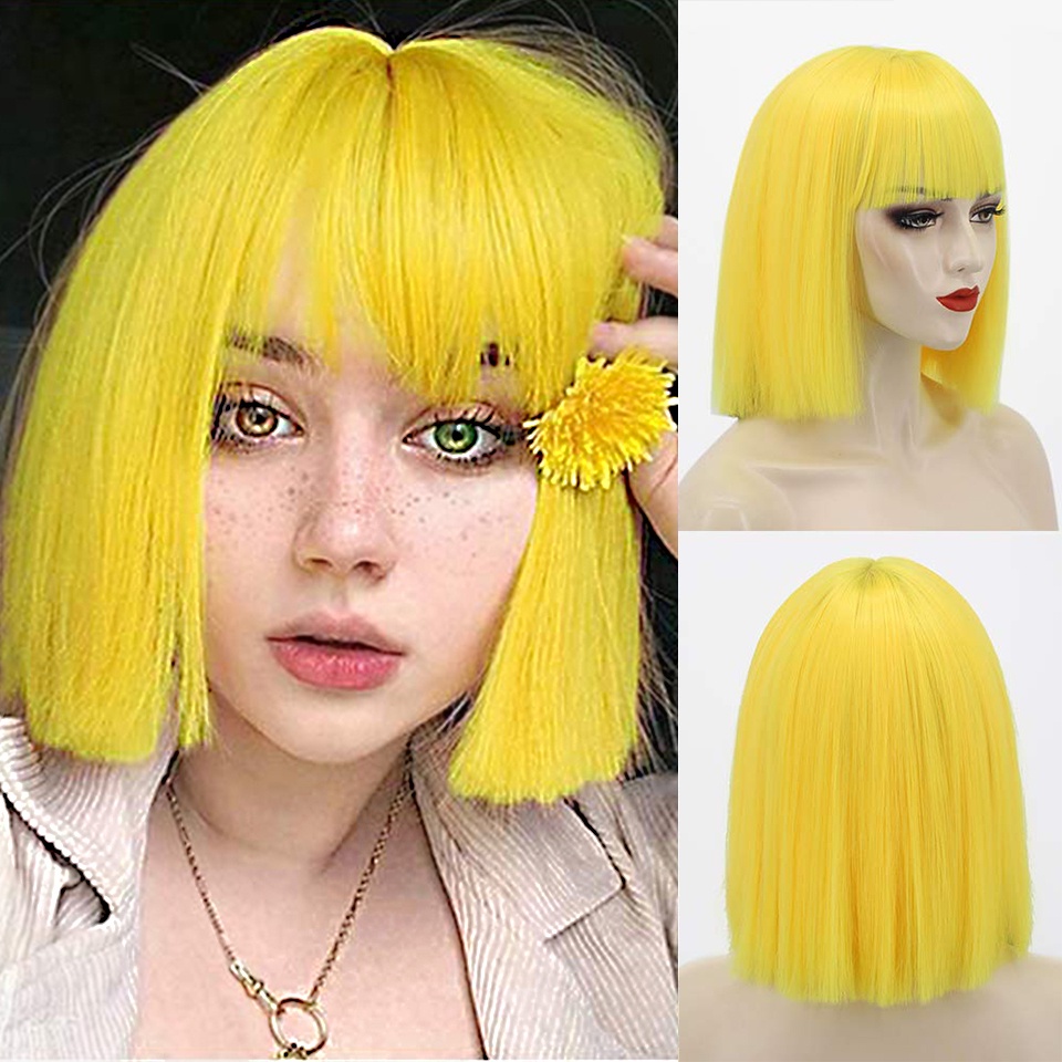Synthetic Bob Wig with Bangs Short Straight Wigs for Women Yellow Pink ...