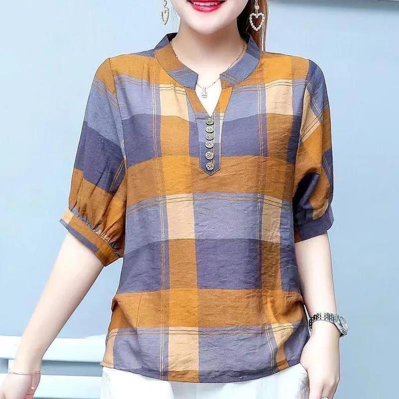 Fast send Plus size cotton blouse women's new short-sleeved V-neck ...
