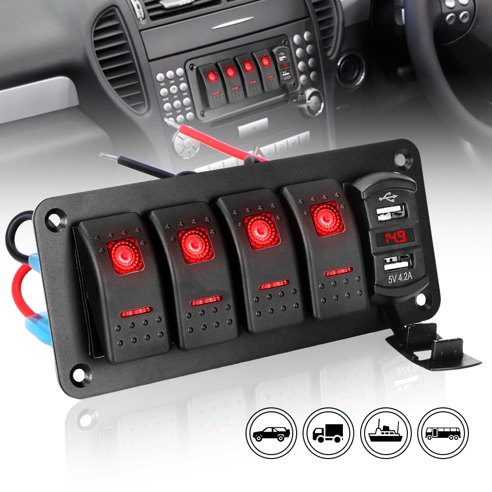 LED Switch Panel +Sticker Waterproof 12V/24V 4 Gang Toggle Rocker ...