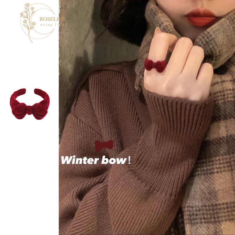 Roselife Vintage Velvet Wine Red Bow Ring for Women Girls Aesthetic ...