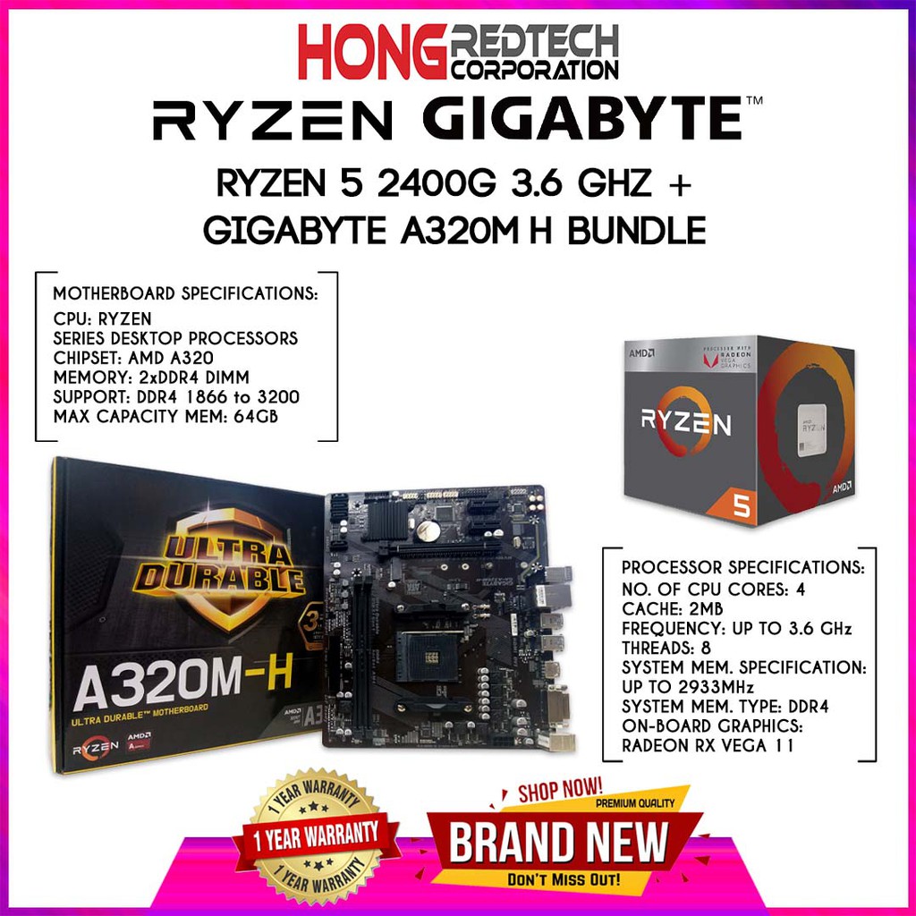 RYZEN 5 2400G 3.6GHZ PROCESSOR + GIGABYTE A320M H MOTHERBOARD BUNDLE ...