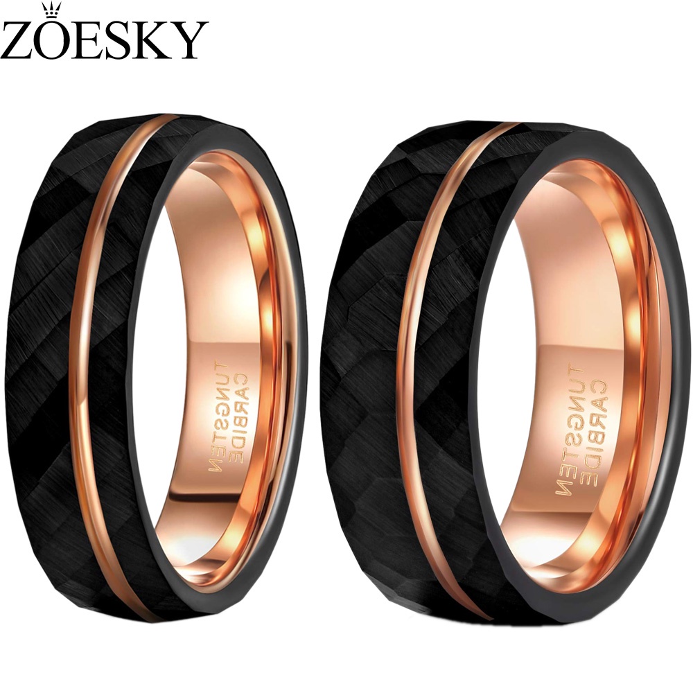 ZOESKY 6mm 8mm Black Tungsten Rings 24K Rose Gold Line Faceted Wedding ...
