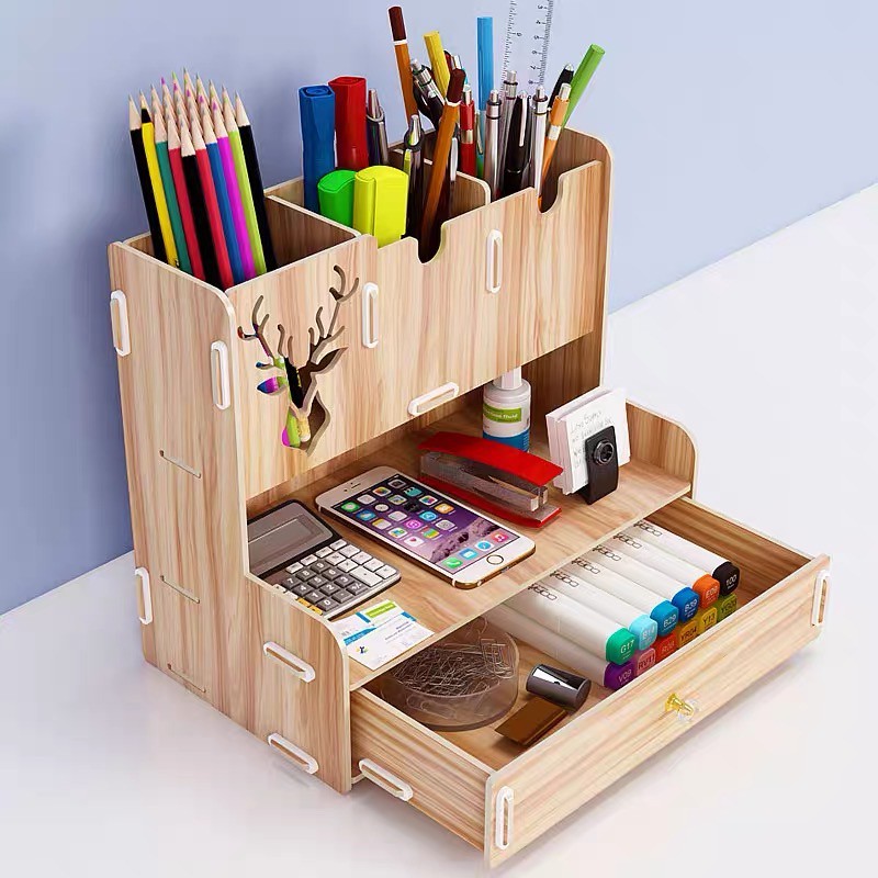 Multifunctional Wooden Desk Organizer Pen Holder Box Home Office ...