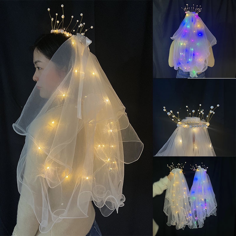 Double-layer LED Lighting Veil Crown Bowknot Pearl Lighted Birthday ...