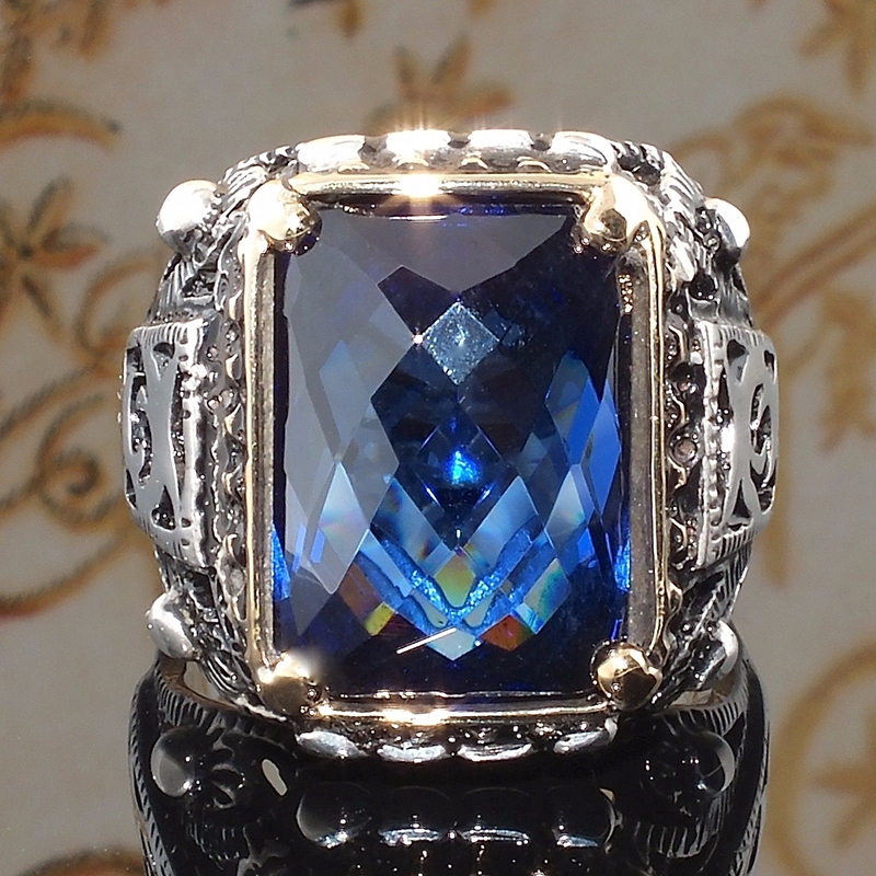 Dark Blue Square Stone Ring For Men's Jewelry Hip Hop Punk Style Silver ...