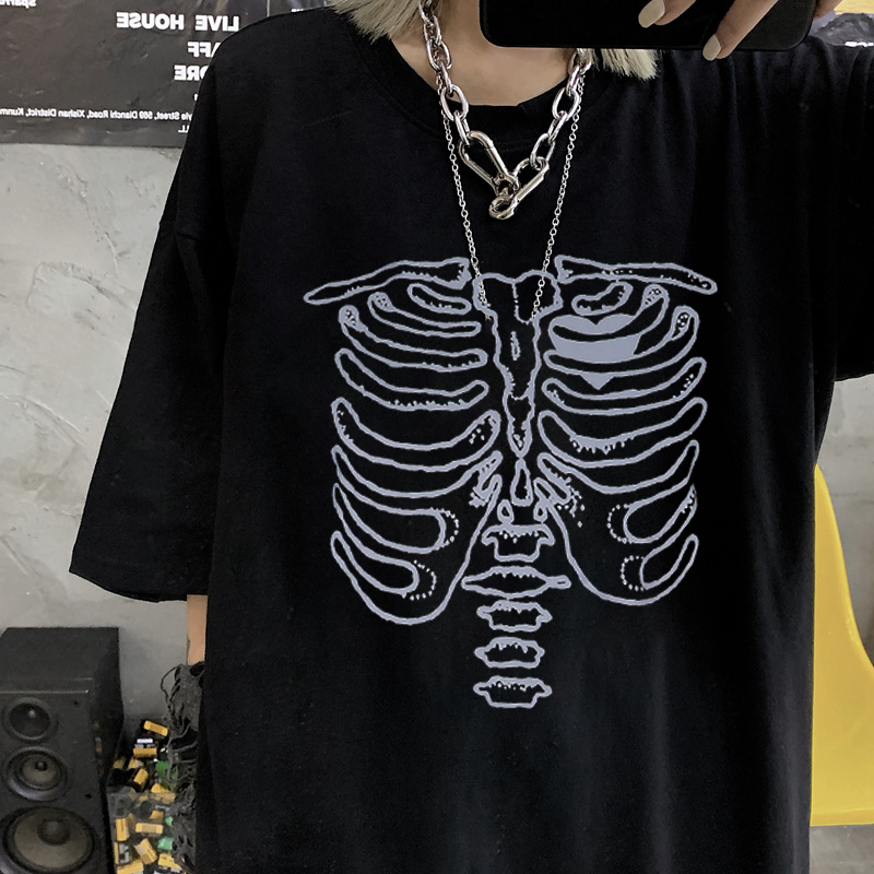 Gothic skull print t-shirt 90s streetwear summer female vintage casual ...