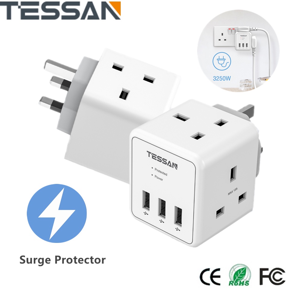 TESSAN 5 Ways UK Adapter Surge Protecor Cube Power Strip with 2 Outlet ...