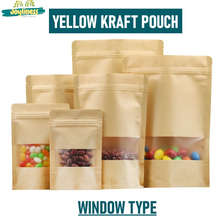 Yellow Kraft Stand Up Pouch with Zip Lock and Window - Resealable for ...
