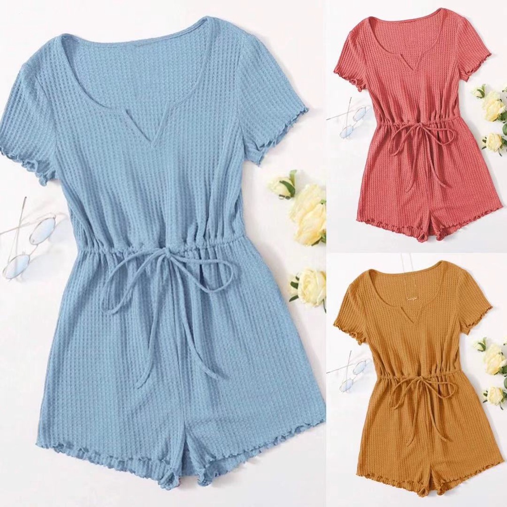 Sanah.H Notched Neck Waffle Romper Lettuce Knitted Jumpshort | Shopee ...