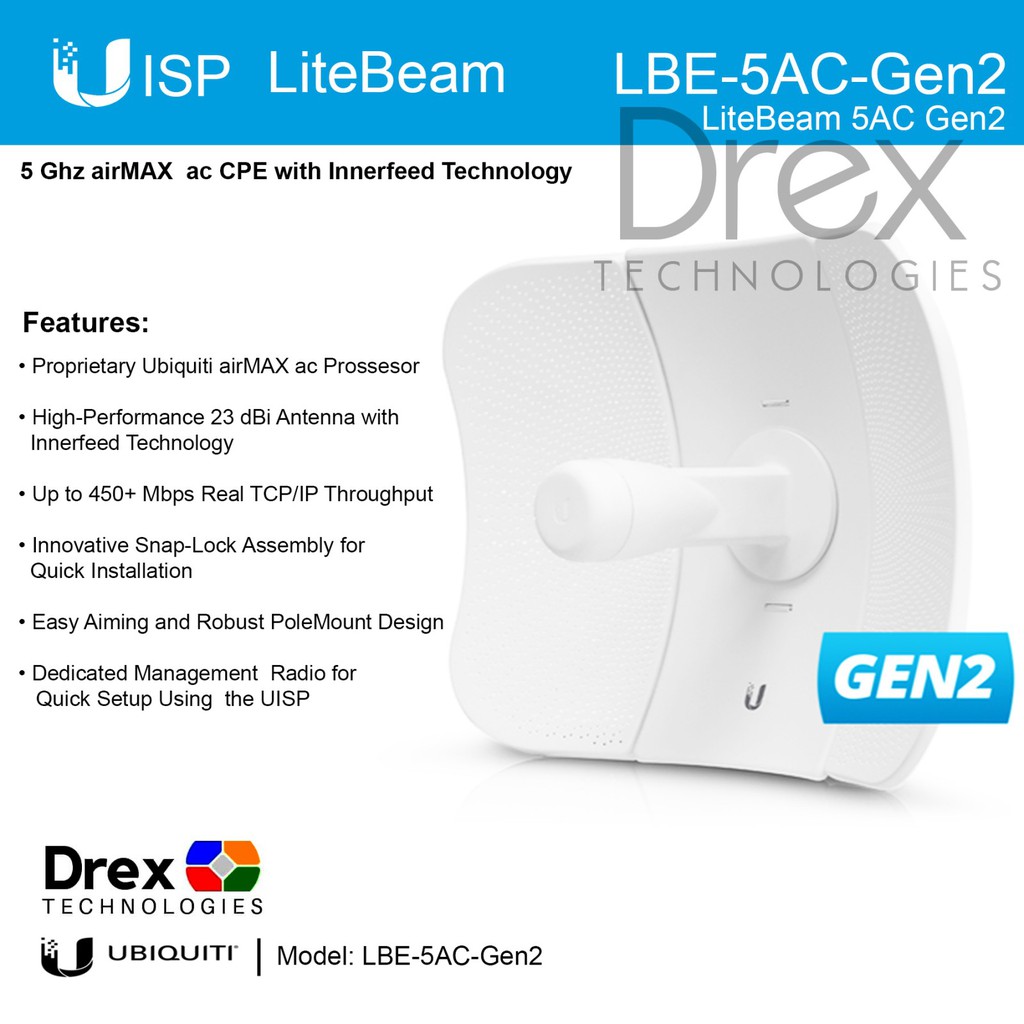 UBIQUITI LBE-5AC-Gen2 LiteBeam AC Gen2 5GHz airMAX ac CPE with ...