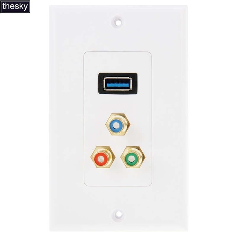 USB 3.0 Female Plug + 3 RCA Female Plugs Wall Plate Panel Audio Video ...