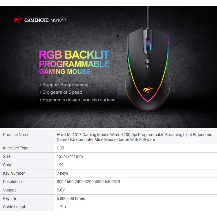Havit Gamenote MS1017 RGB Backlit Programmable Gaming Mouse | Shopee Philippines