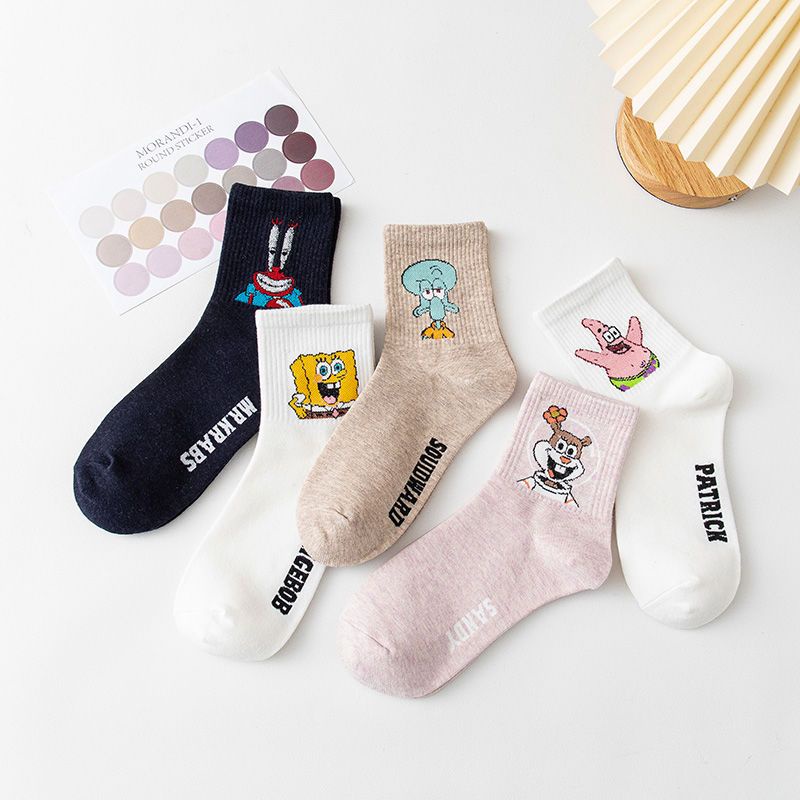 KAKA Cartoon Socks Spongebob Women's Student Couple Mid-Tube | Shopee ...