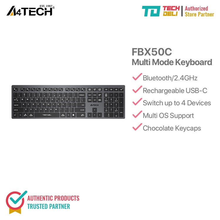 A4Tech FBX50C Wireless Keyboard, Bluetooth, 2.4G Wireless, Type-C Rechargeable for Windows ...