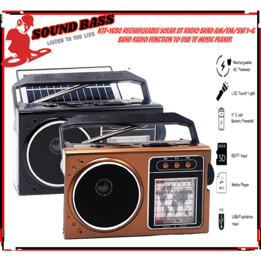 Ktf-1650 Rechargeable Solar Bt Radio Band Am/Fm/Sw 1-6 Function To USB Tf Music Player | Shopee ...