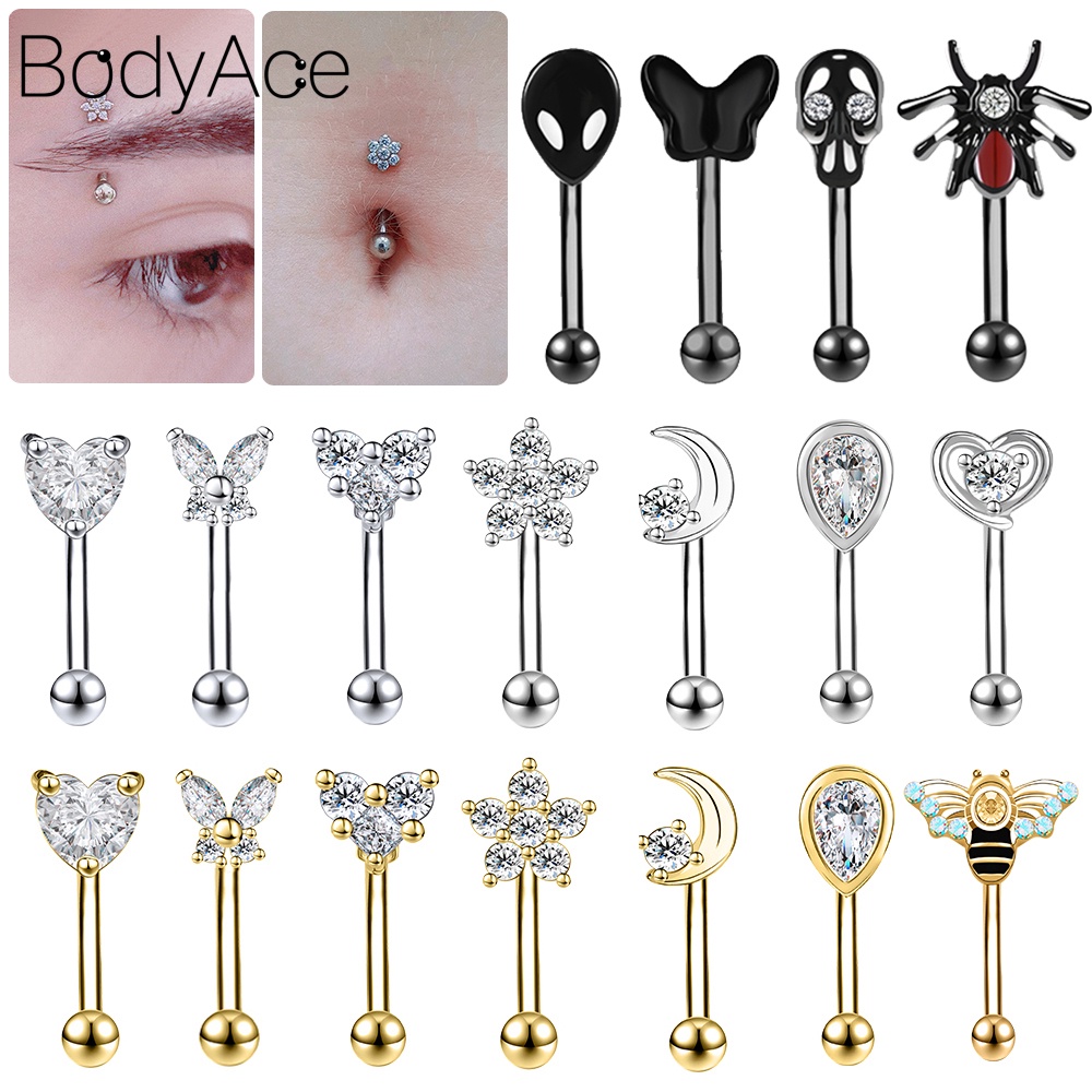 Bodyace 1 PC Stainless Steel Eyebrow Piercing Flower Crystal Lip Rings ...