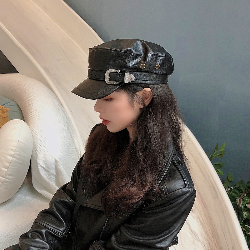 Influencer Same Style British Retro Black pu Leather Hat Female Autumn ...