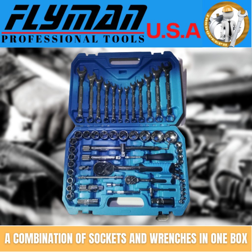 Jrshopeeph Flyman 61pcs Socket Set 1/2" and 1/4" Dr. with Combi Wrench Chrome High Quality ...