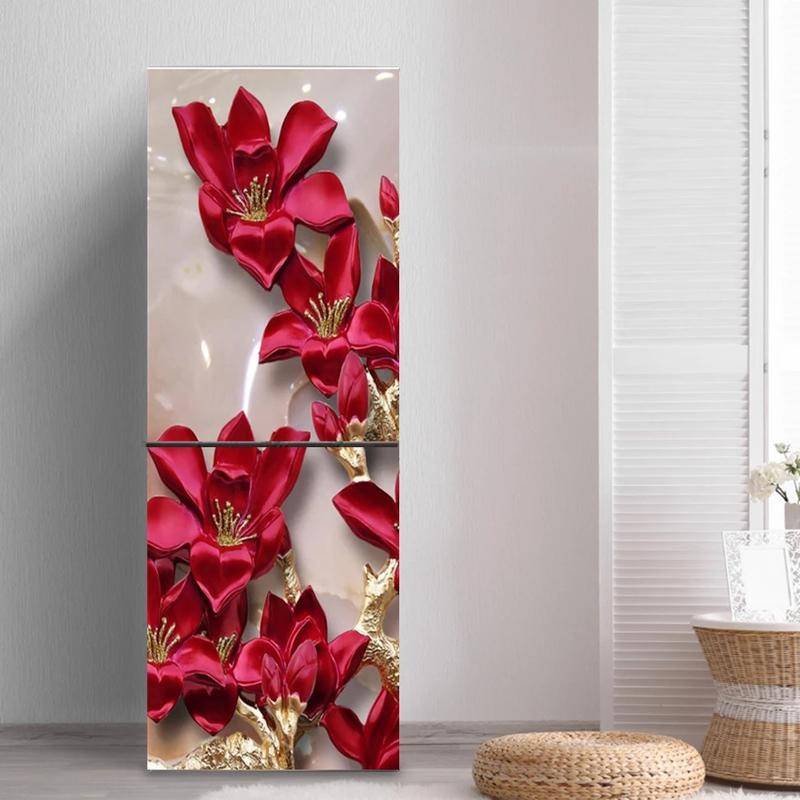 Flowers Fridge Sticker Door Cover PVC Refrigerator Wallpaper Wrap Vinyl ...