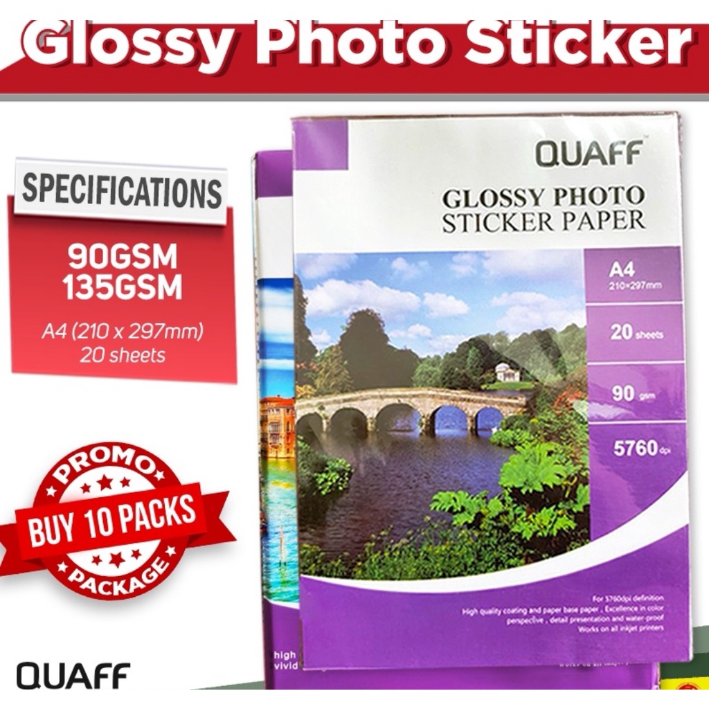 (10 packs)Quaff Glossy Photo Sticker Paper 135/90 gsm A4 Size 20 Sheets ...