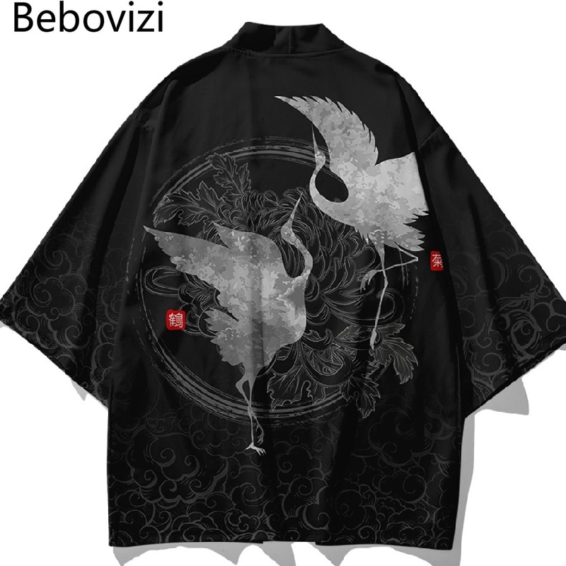 Japanese Cardigan Beach Yukata Women Harajuku Crane Traditional Black ...
