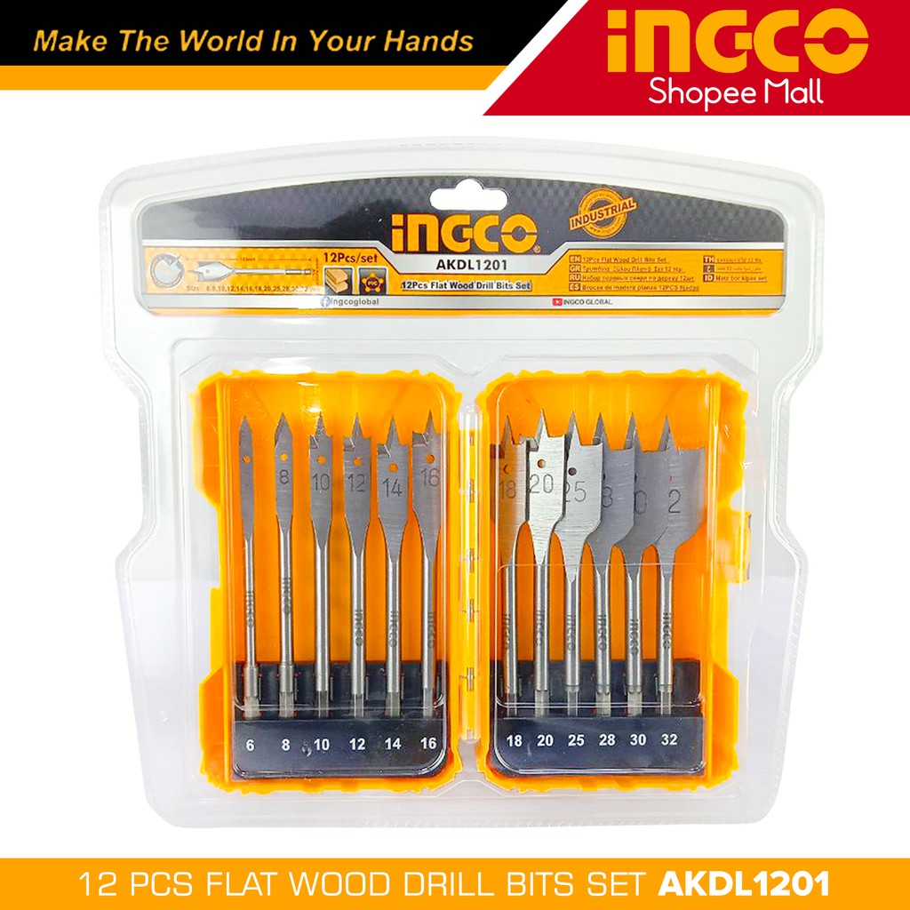 Ingco 12pcs Flat Wood Drill Bits Set 6-32mm AKDL1201 IHT | Shopee ...