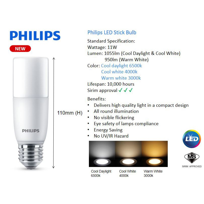 Philips Essential 11W LED Stick Bulb (Cool Daylight 6500k) | Shopee ...