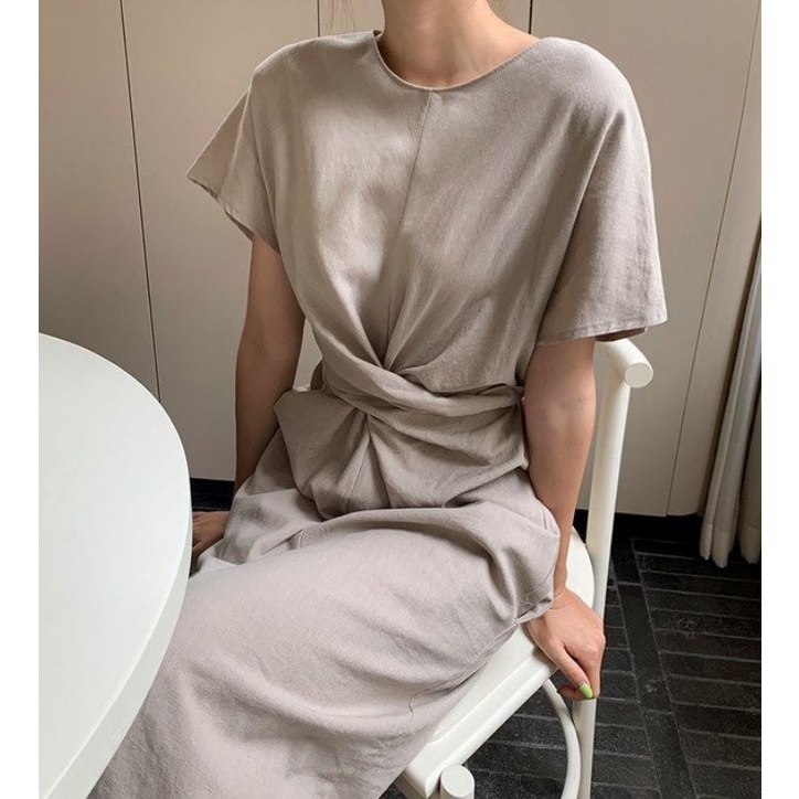 Ripple Linen Dress(beige) | Shopee Philippines