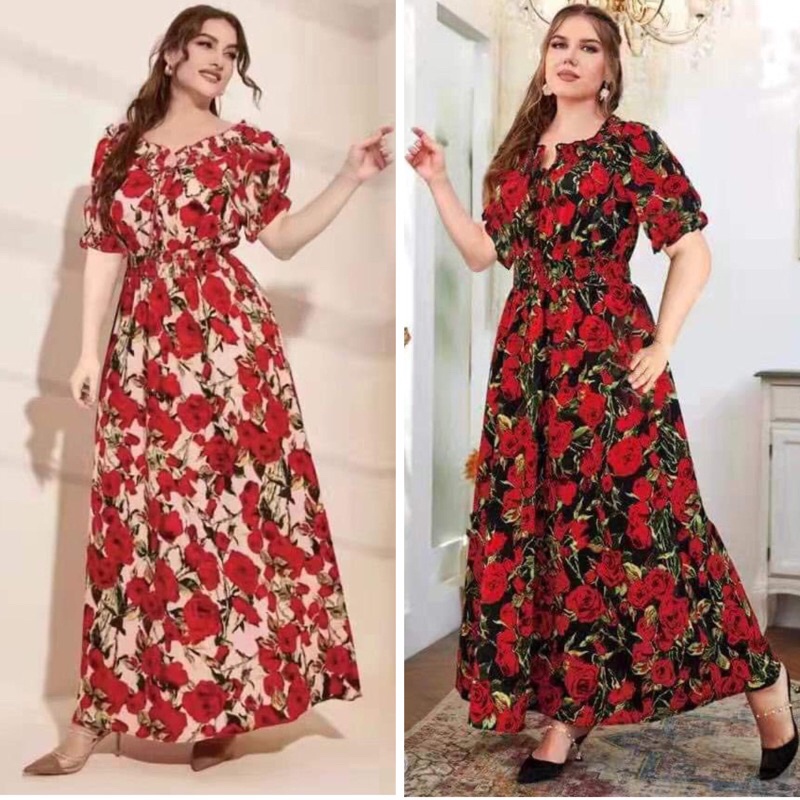 T860 Red Floral Maxi Plus size Dress (FIT TO XL) | Shopee Philippines