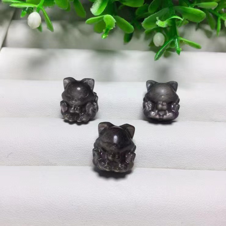 Natural Silver Obsidian Nine-Tailed Fox Carving Piece Cute Jewelry diy ...