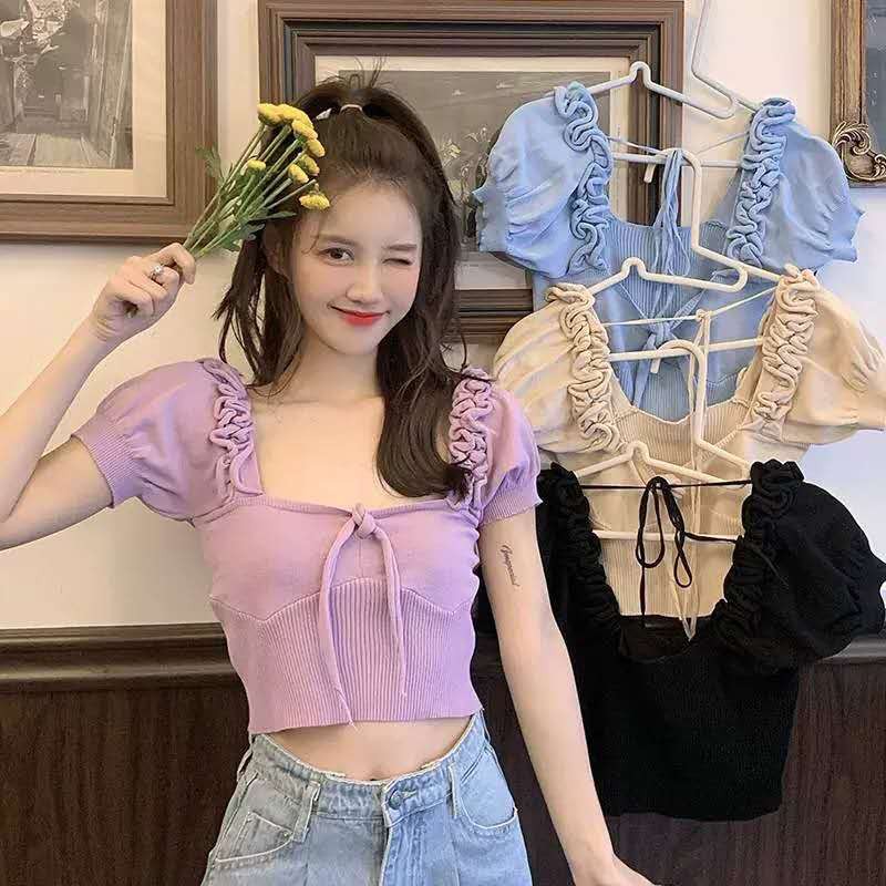 Bonnie Crop Top Square Neck Short Sleeve Tight-Fitting Cute Korean Fashion | Shopee Philippines