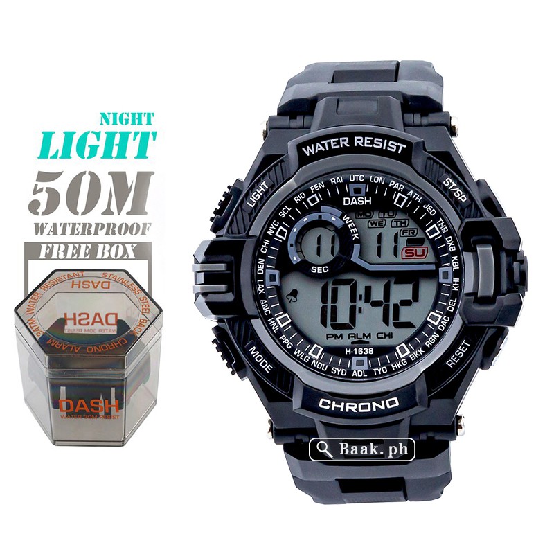 Original DASH Water Proof Men's Digital Light Watch Free Gift Box#1638 ...