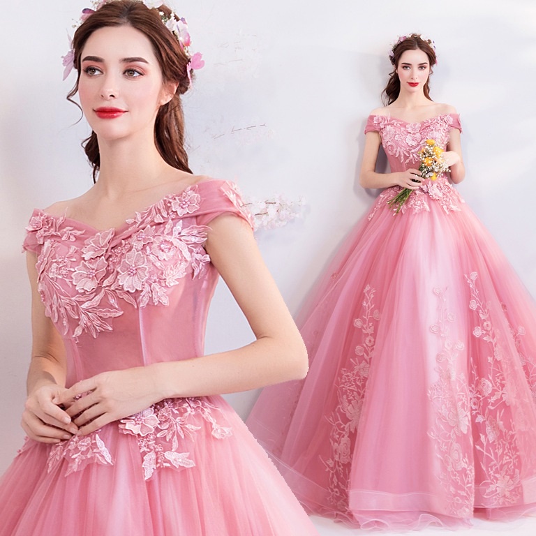 Elegant Pink Bride Wedding Dress Off Shoulder Flower Beaded Embroidery ...