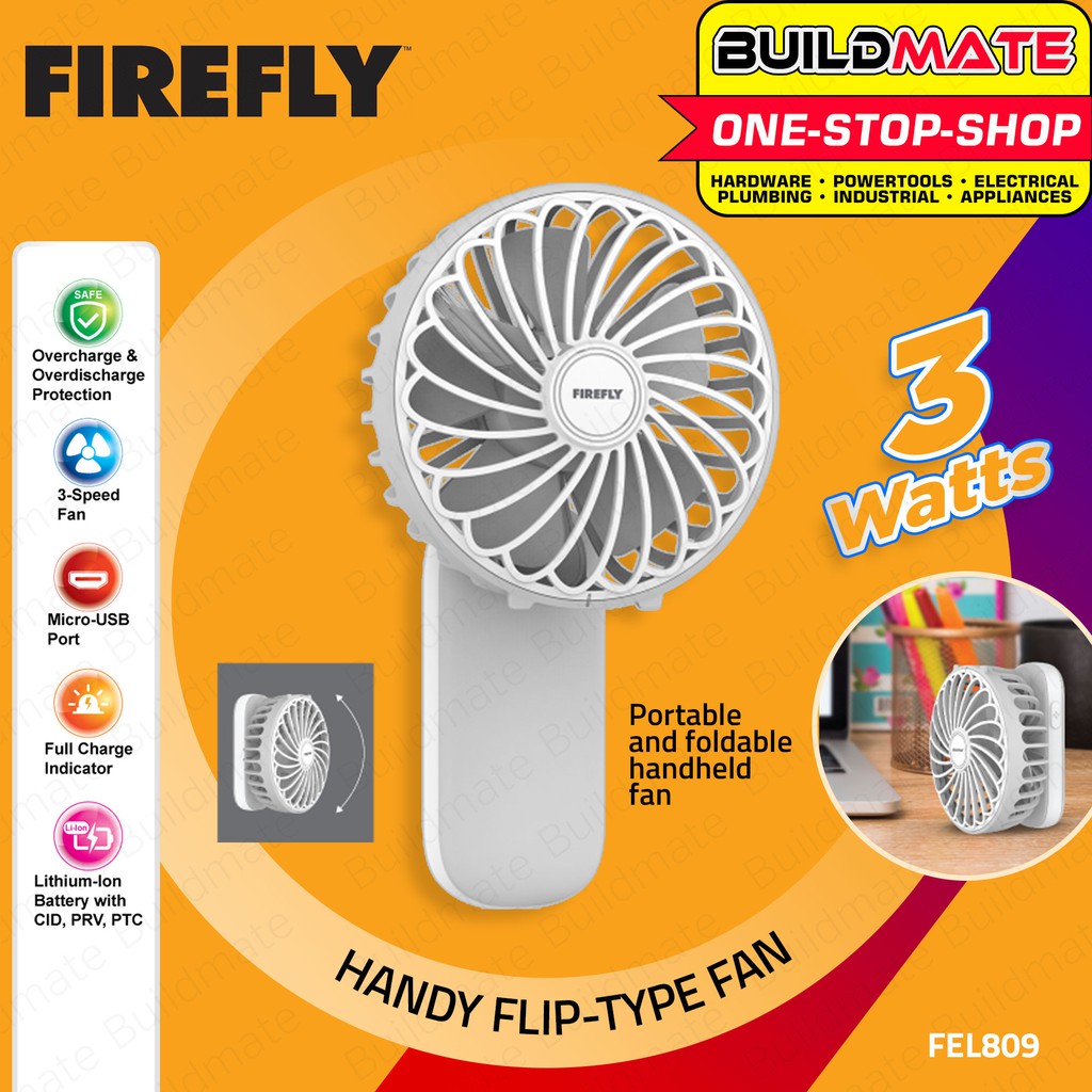 BUILDMATE Firefly 3W Mini Handy Fan Flip Type with Stand Rechargeable ...