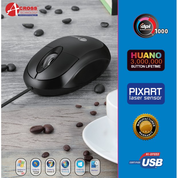 ACROSS AMO-002B+PAD Wired USB Mouse with ACROSS Premium Quality Mouse ...