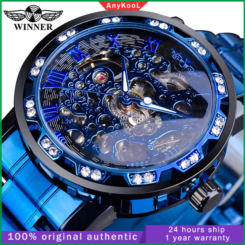 Original Winner Watch Fashion Hollow Skeleton Rhinestones Men ...