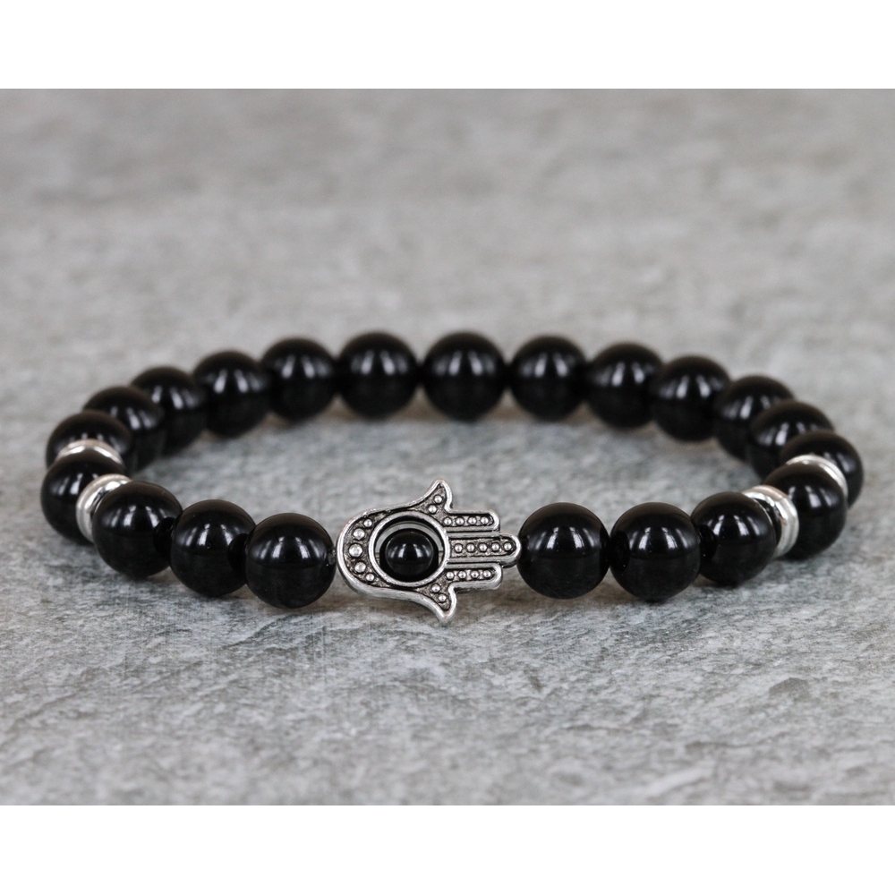 1PC 8MM Black Energy Stone Beads Hand Hamsa Bracelet Silver Palm Charm Hand Of Fatima Bracelet ...