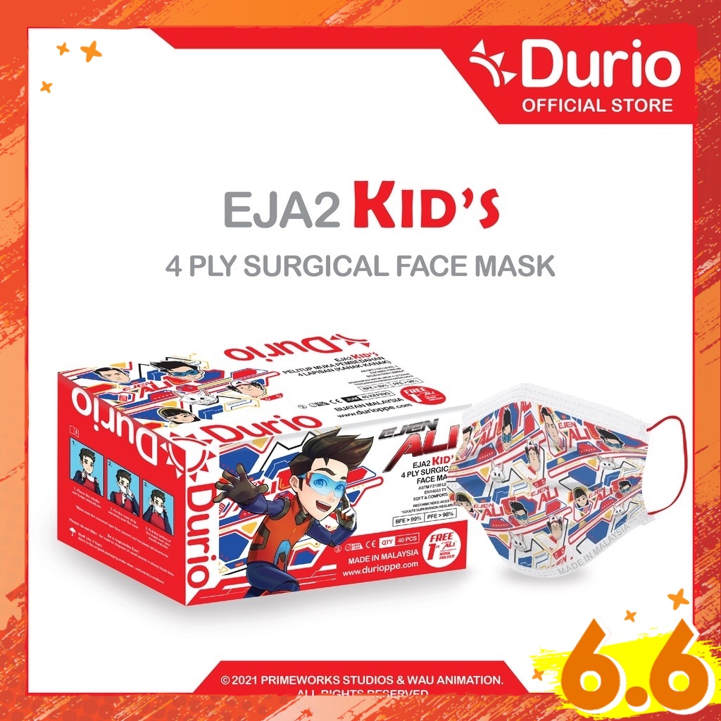Durio x Ejen Ali EJA2 KID'S - 4ply Surgical Face Mask - 40pcs | Shopee ...